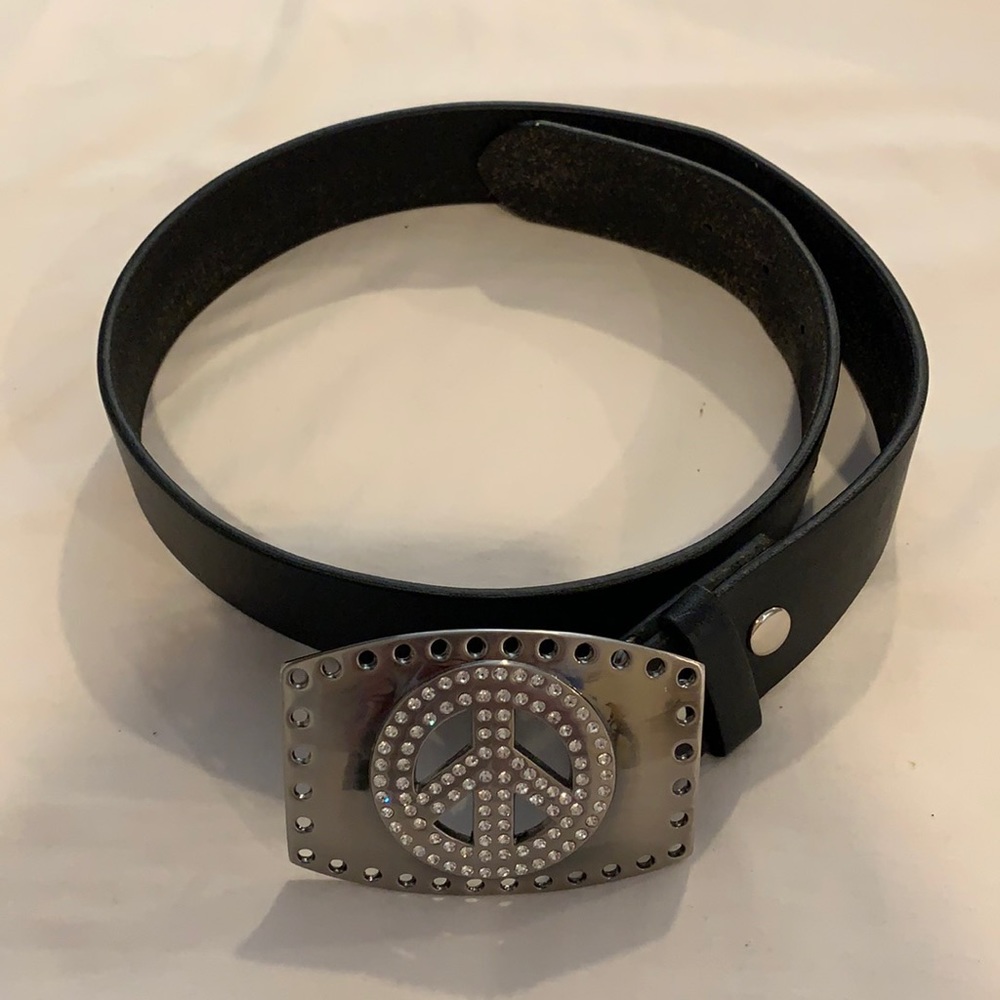 Beautiful Genuine Black Leather Peace Sign Belt - Gem